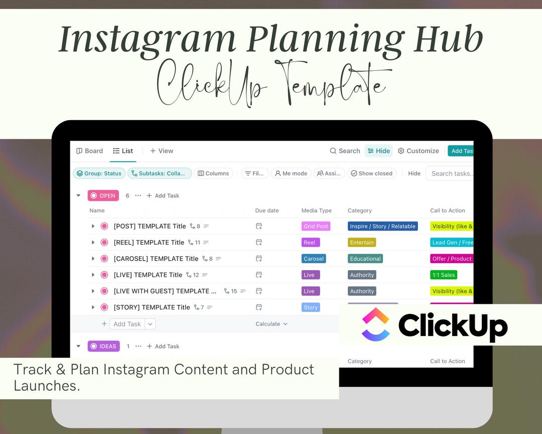 Instagram Planning Hub Clickup Template, Content Calendar, Launch ...