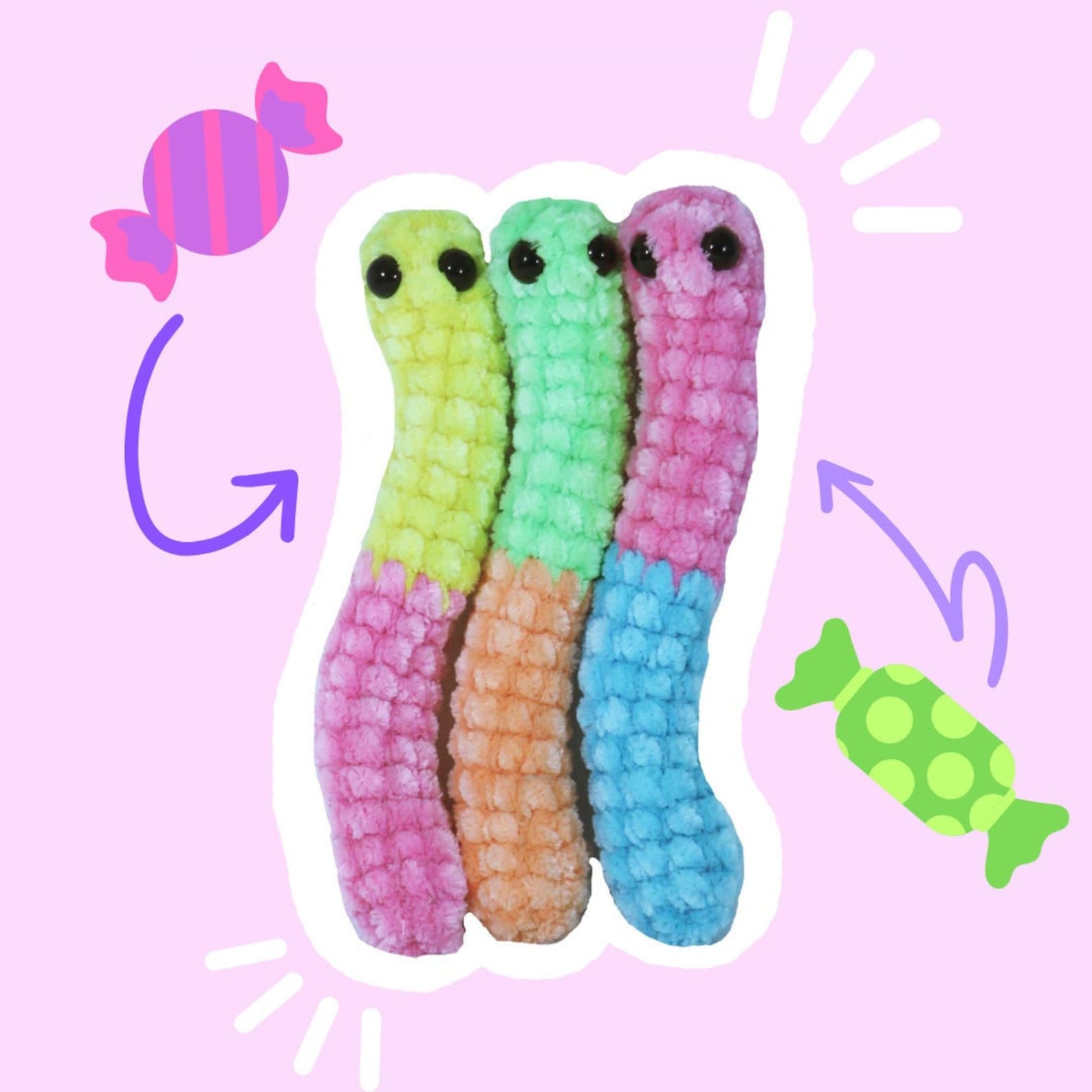 Sour Gummy Worms! ___________ 3 Pack, Posable Worm Plushies, Novelty ...