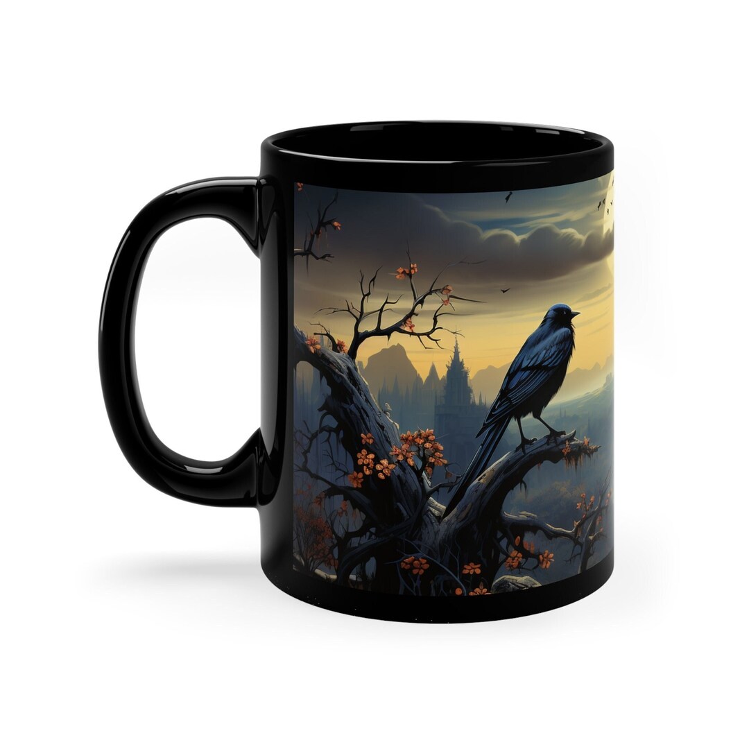 Black Raven Mug, Black Bird Mug, Mystical Raven, Gothic Mug, Crow Mug ...