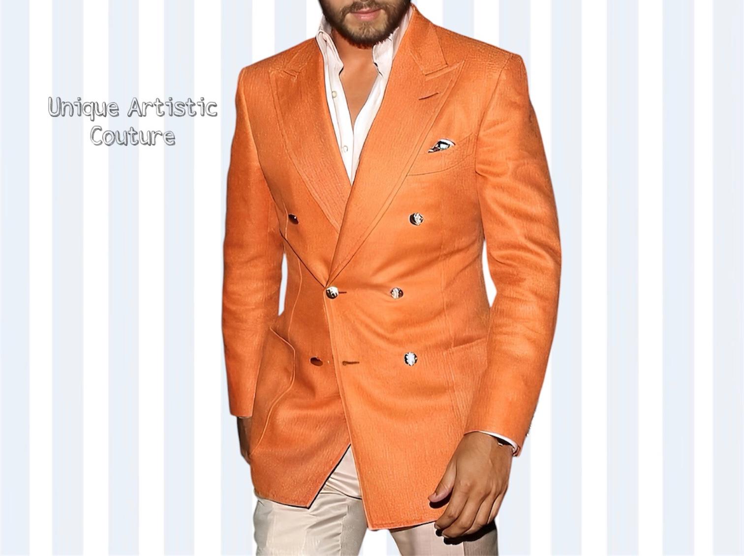 Luxury Coat for Men Double Breasted Orange Blazer Slim Fit Jackets ...