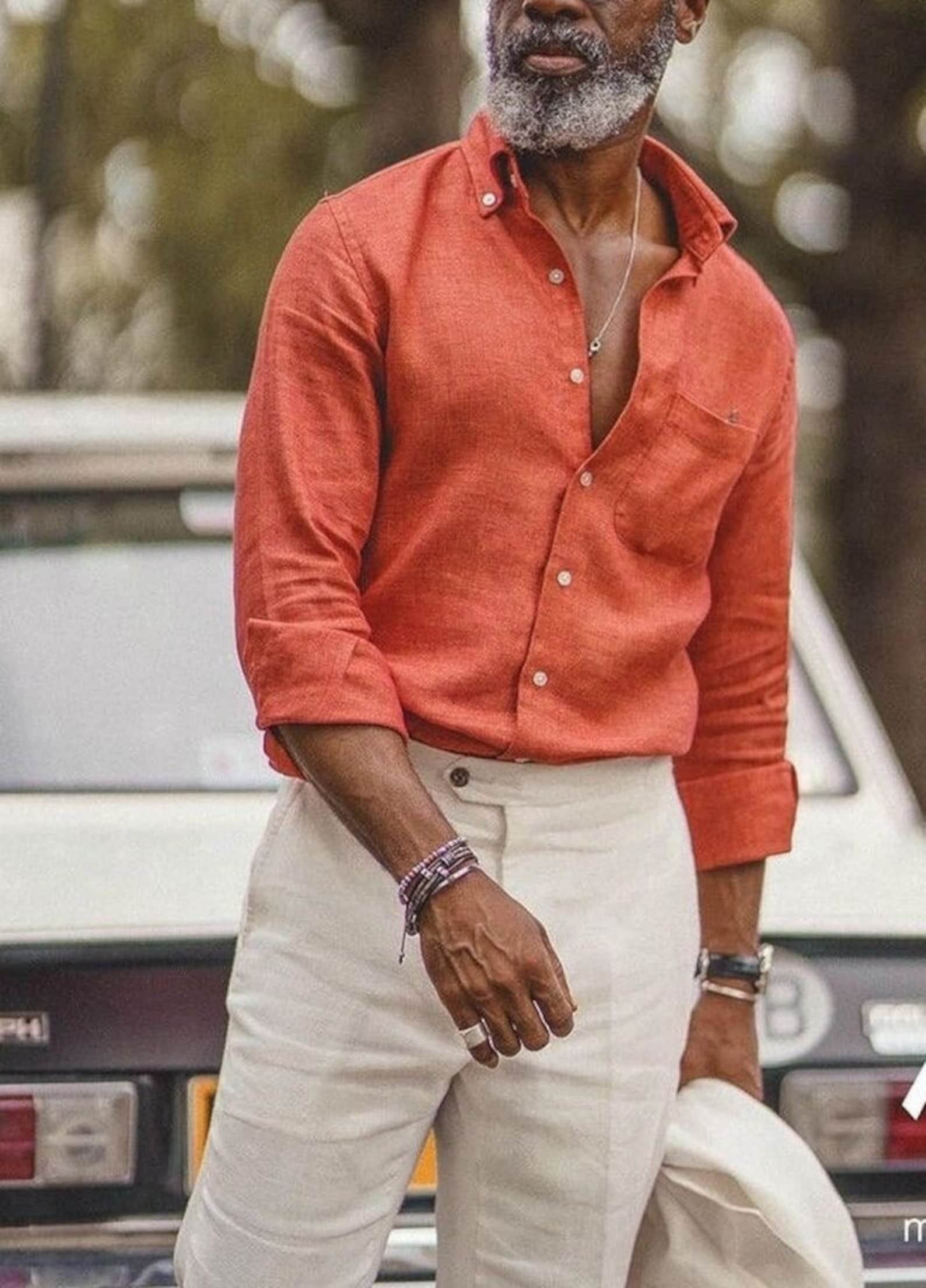 Men Orange Linen Shirt Men Summer Beach Linen Shirt With Long - Etsy