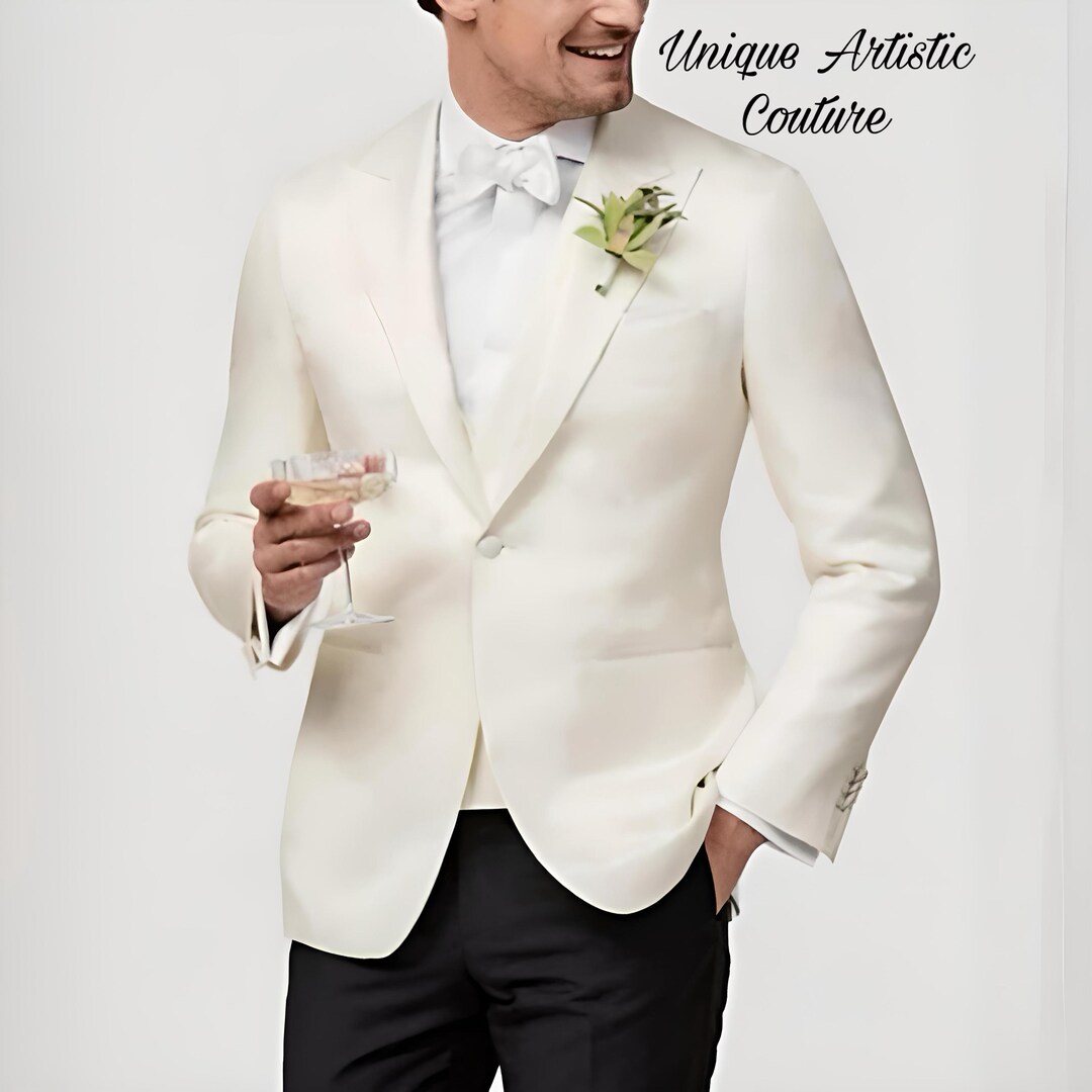 Luxury Mens Suits Light Cream Jacket and Black Pant Fashion 2 Piece ...