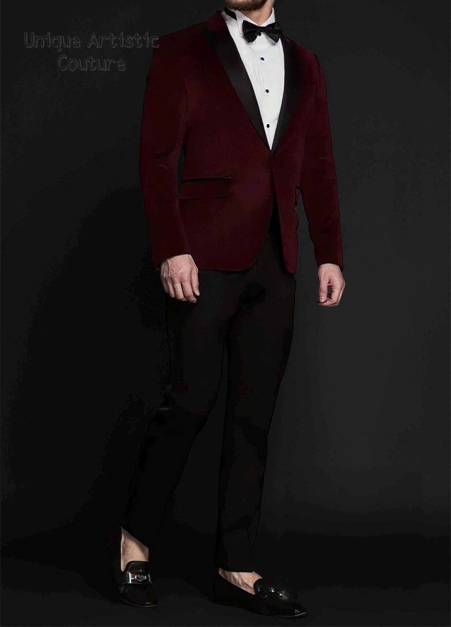 Men Jackets Red Velvet Coat Satin Shawl Lapel Jackets Dinner Party Wear ...