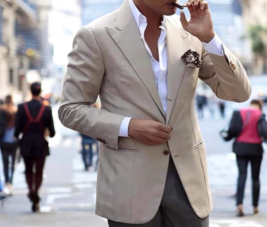 Classic Fashion Men Suits Style Slim Fit Suits Beige Coat and Grey Pant ...