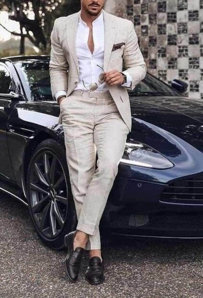 Linen Suits for Men 2 Piece Beige Suit Slim Fit Groom Wedding Suit ...