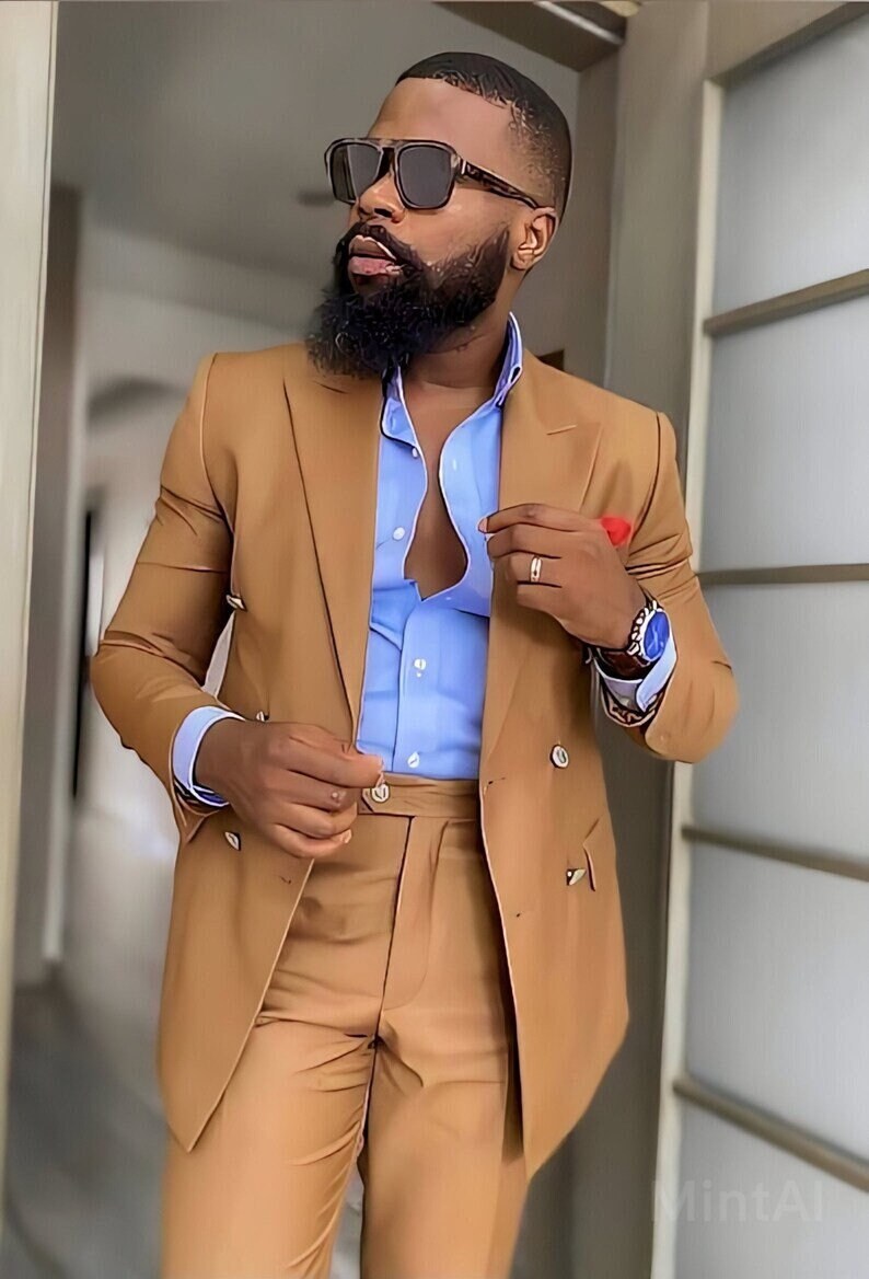 Men Brown Double Breasted 2 Piece Suit Stylish Dinner Prom Classic ...