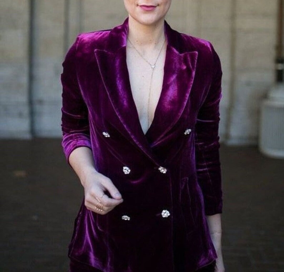 Women Velvet Jacket Purple Double Breasted Slim Fit Luxury Slim Fit ...