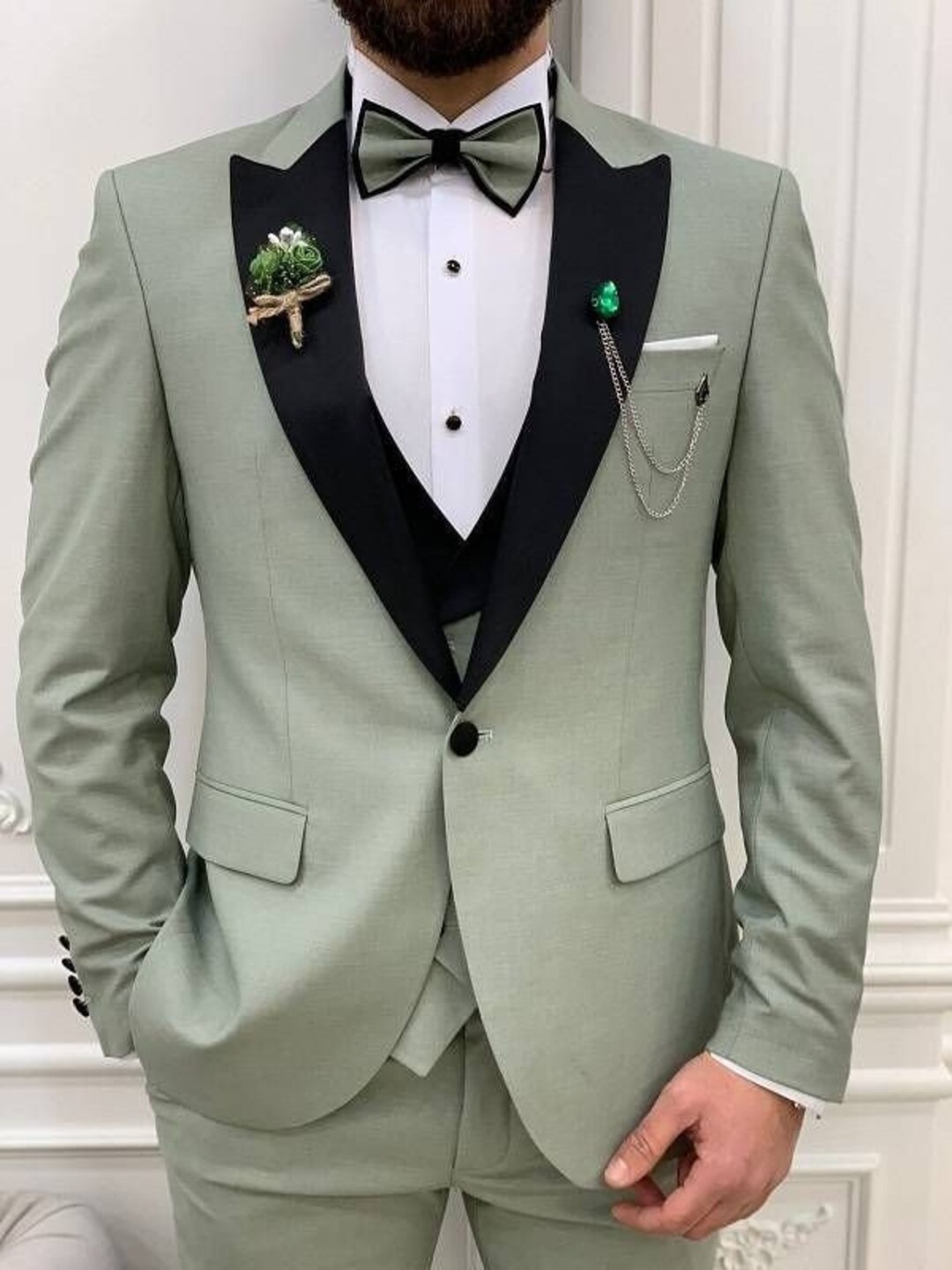 Men Suits 3 Piece Sage Green Slim Fit Suit Wedding Suit Prom Wear One Button Dinner Suit Stylish ...