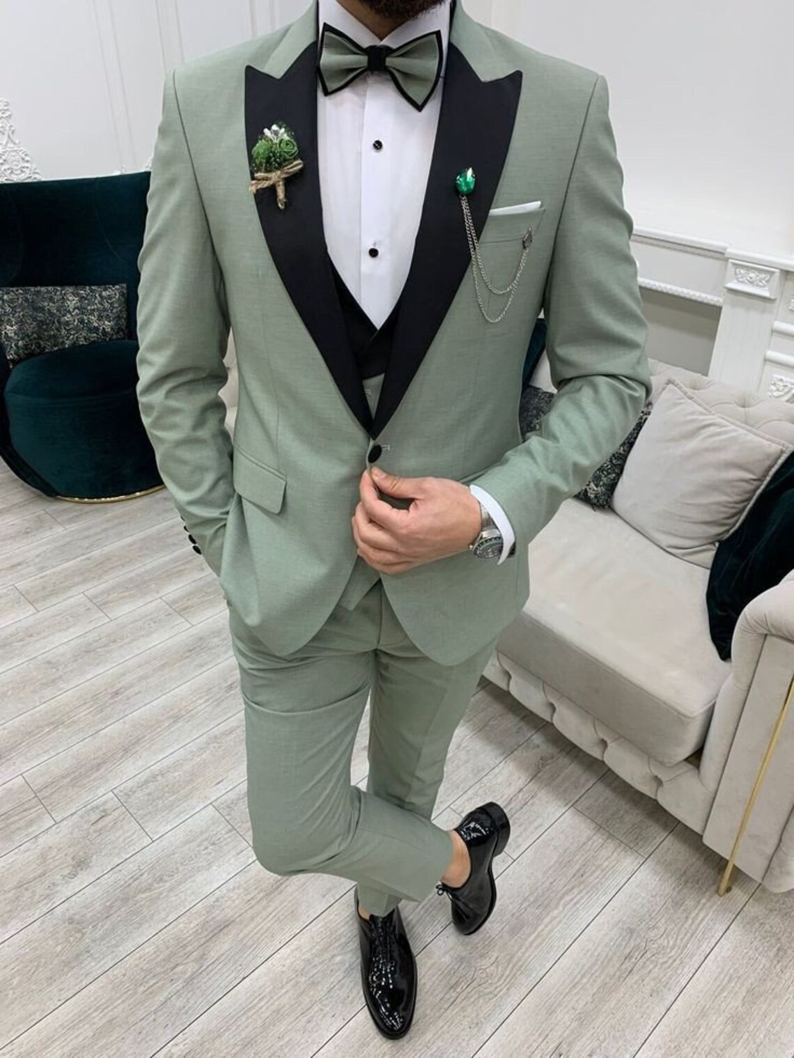 Men Suits 3 Piece Sage Green Slim Fit Suit Wedding Suit Prom Wear One Button Dinner Suit Stylish ...