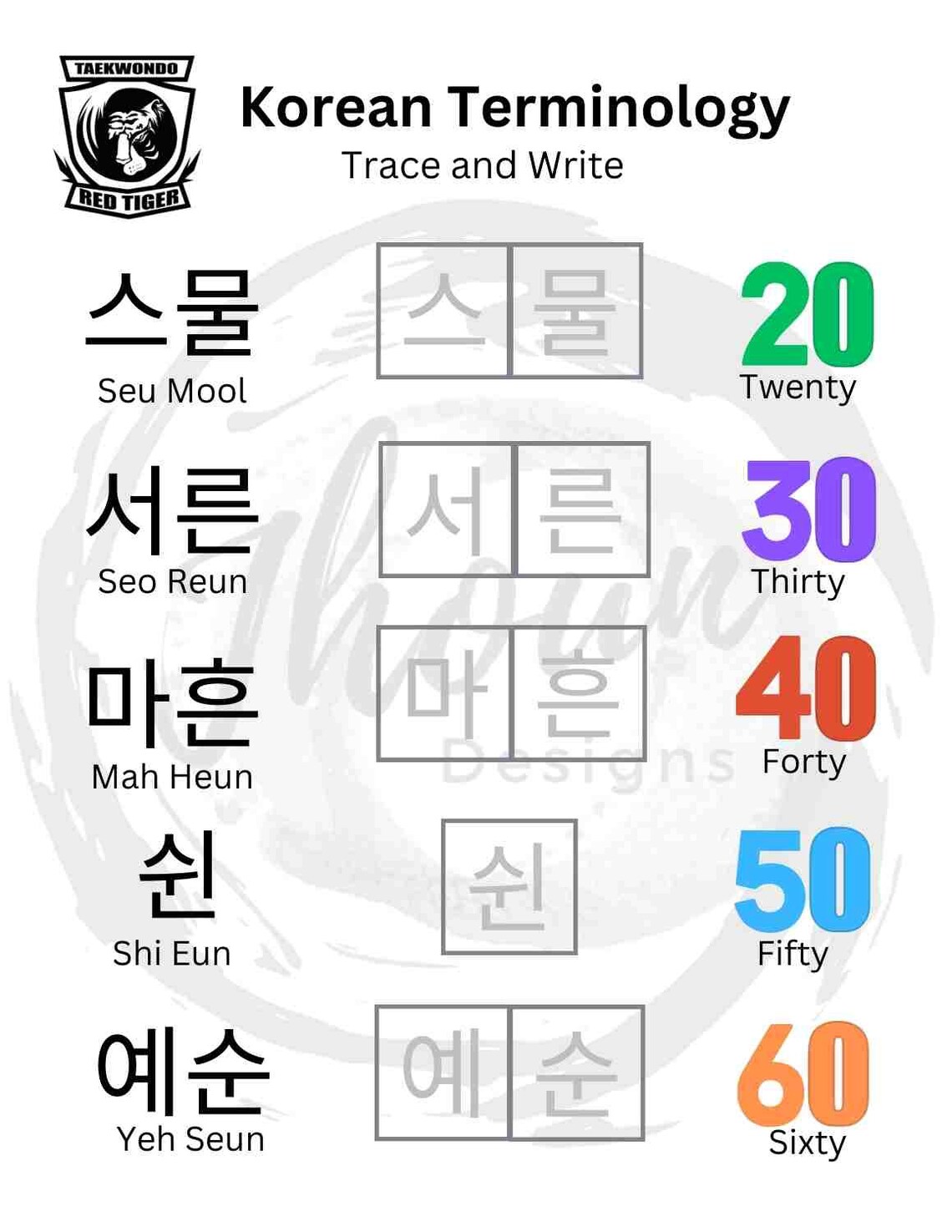 Korean Numbers 20-60 Hangul Worksheet - Etsy