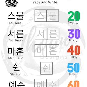 Korean Numbers 20-60 Hangul Worksheet - Etsy
