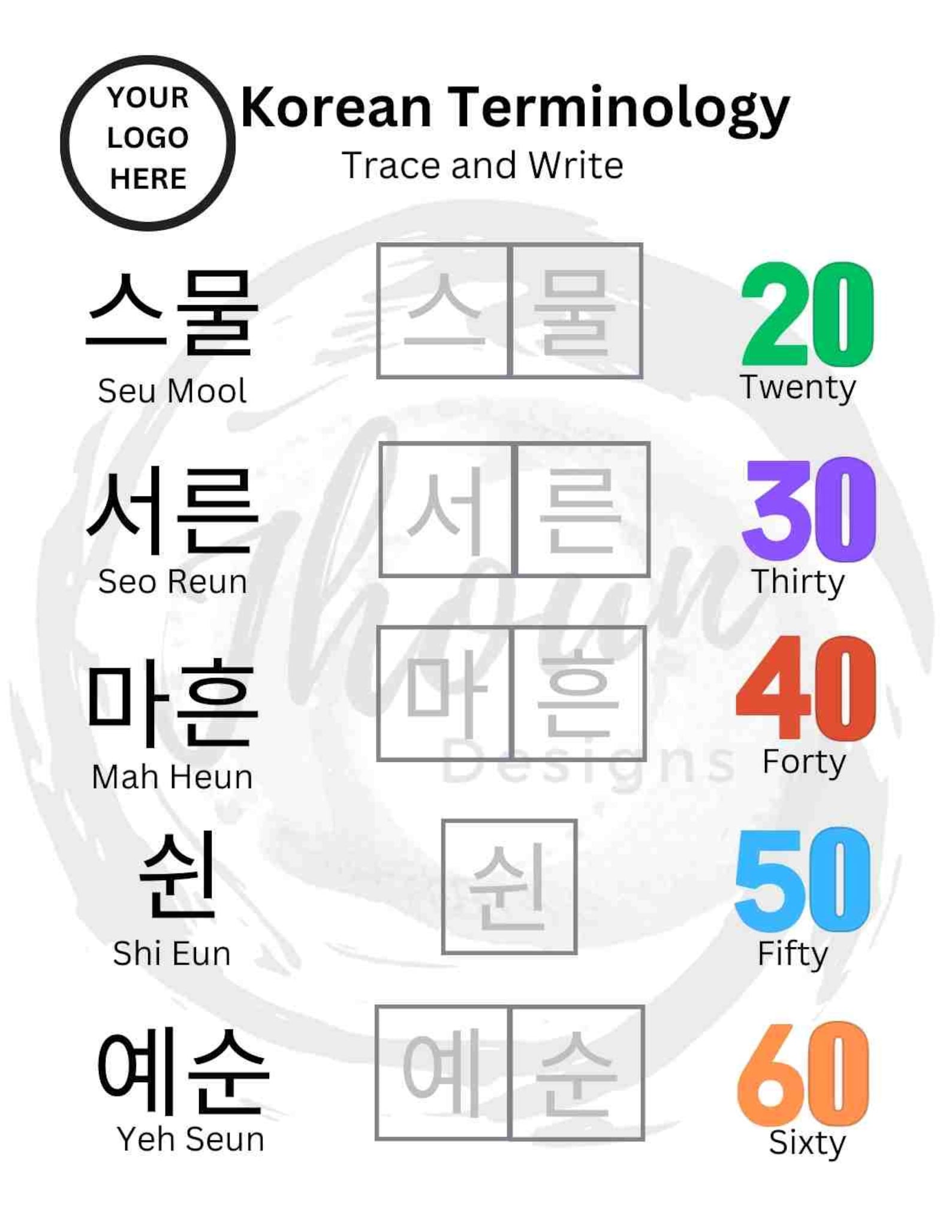 Korean Numbers 20-60 Hangul Worksheet - Etsy