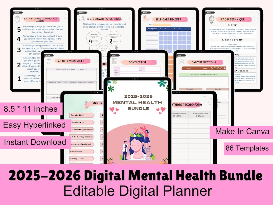 2025 Mental Health Planner Bundle, Self-care Digital Journal, Printable ...