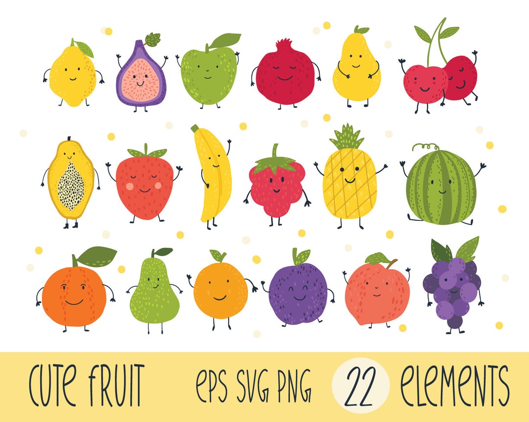 Funny Fruits Clipart/ Kawaii Fruit / Happy Fruit Print / Fruit Clipart ...