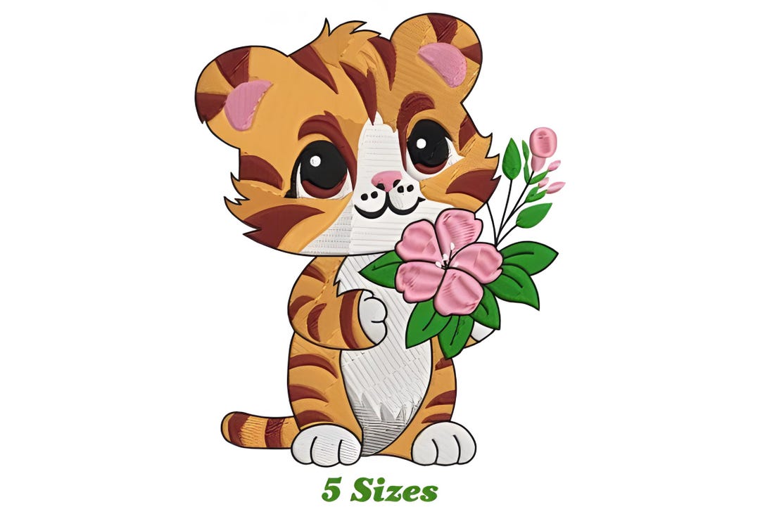 Embroidery Pattern Tiger With Flower, Unique Digitize Embroidery File ...