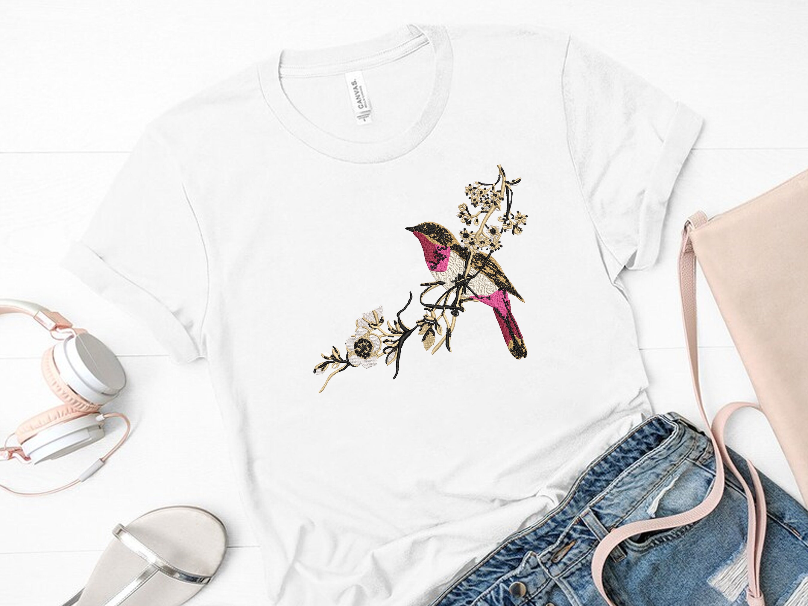 Finch Embroidery Design Bird Sitting on Branch Machine Embroidery ...