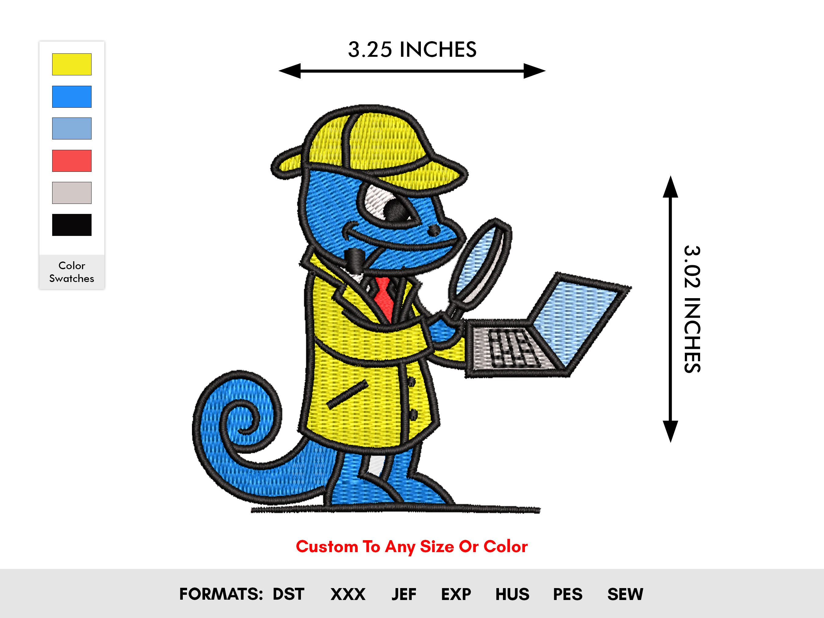 Detective Lizard Embroidery Pattern, Reptile Animal Machine Embroidery ...