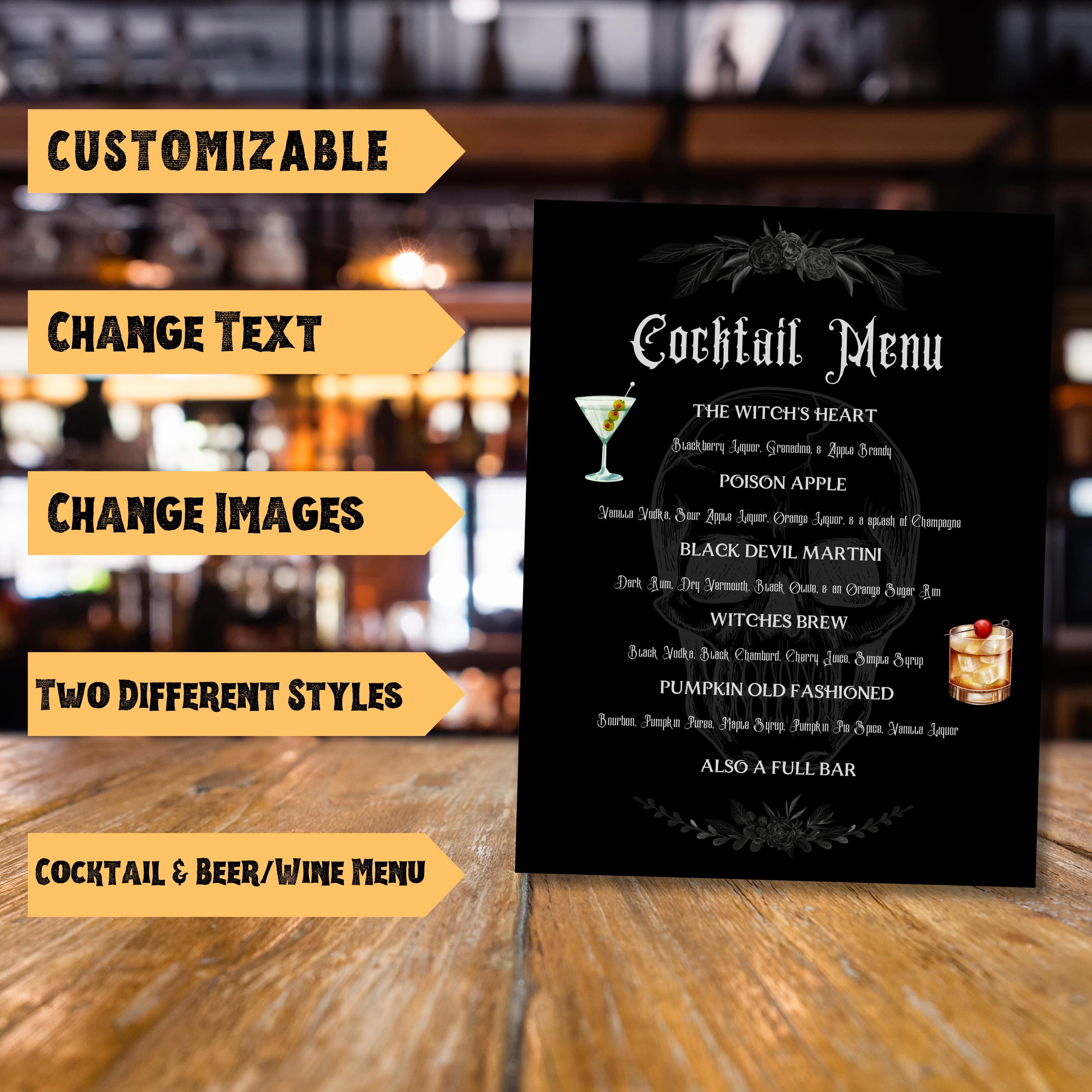 Black Skull Romantic Halloween Wedding Cocktail Menu Template ...