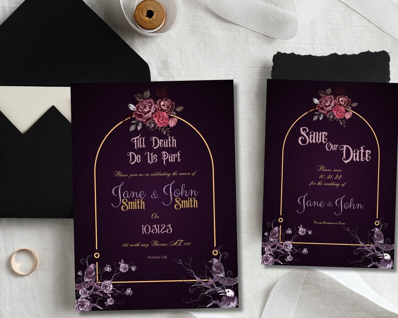 Purple Crow Romantic Halloween Wedding Invitation Till Death Do Us Part ...