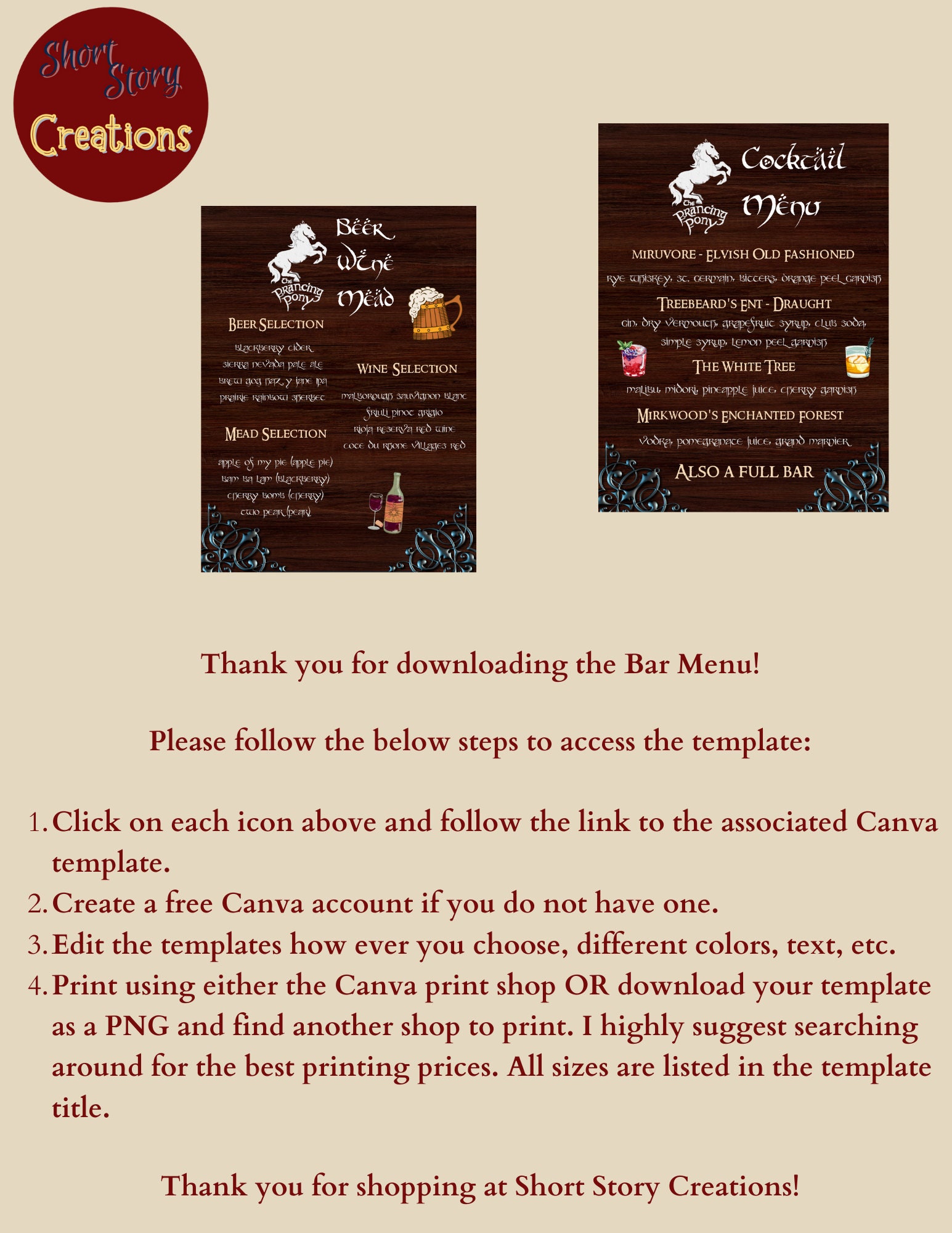 Bar Menu - Lord of the Rings | Wedding Bar Menu | Prancing Pony Menu ...