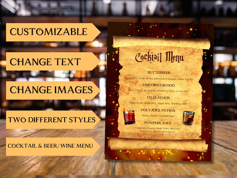 Wizard Themed Cocktail Menu Template, Magical Wedding Bar Menu ...