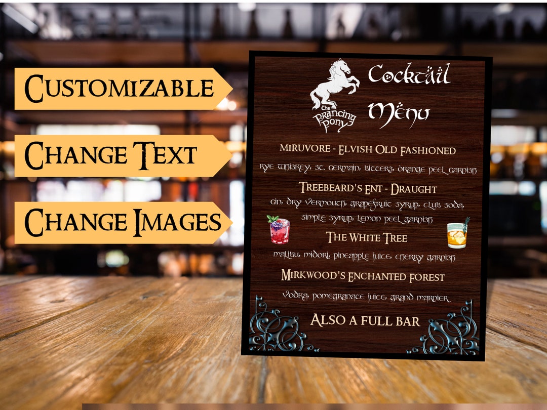 Bar Menu Lord of the Rings Wedding Bar Menu Prancing Pony Menu Cocktail ...