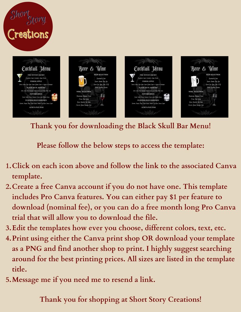 Black Skull Romantic Halloween Wedding Cocktail Menu Template ...