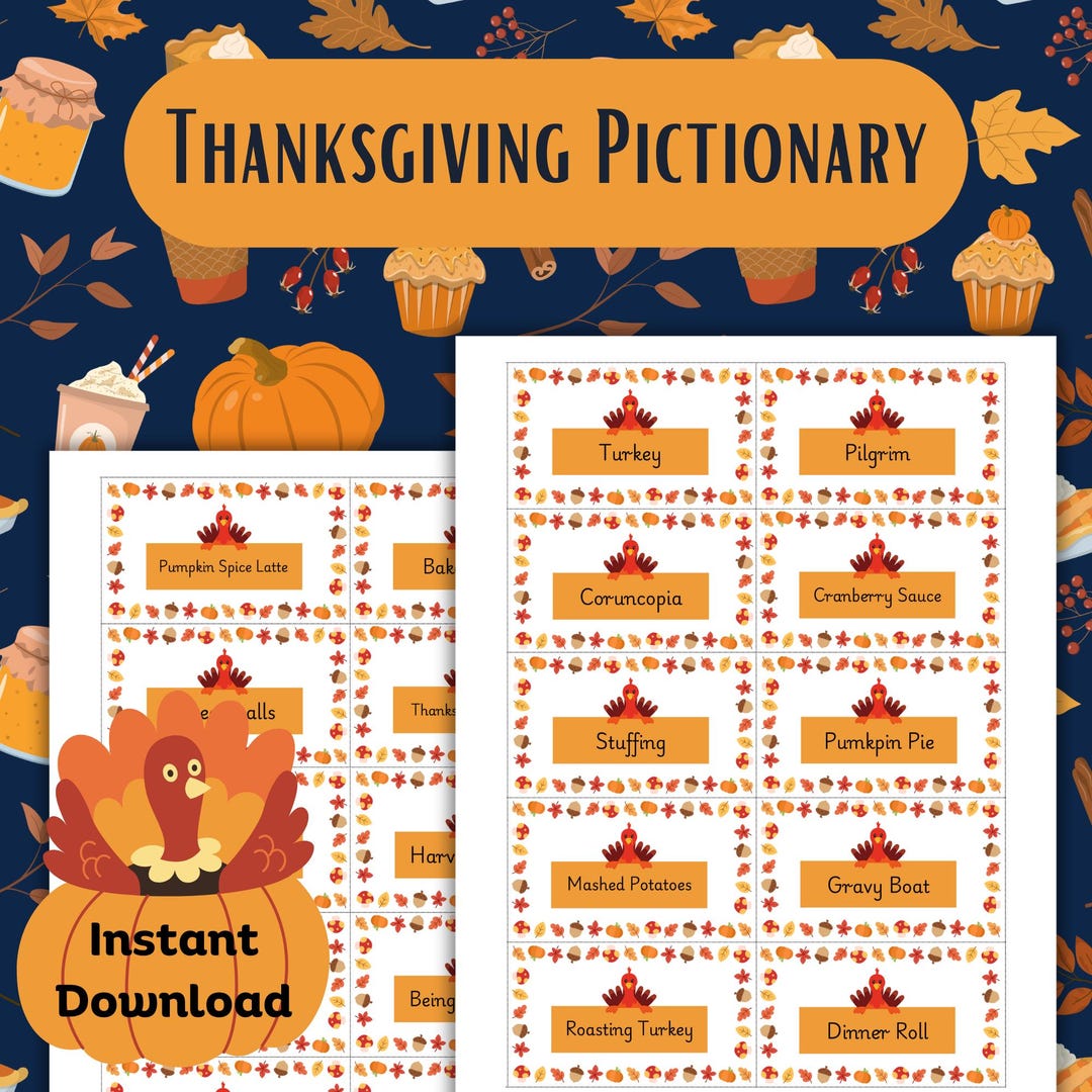 Thanksgiving Pictionary Party Game, 60 Cards, Fun Party Games for ...