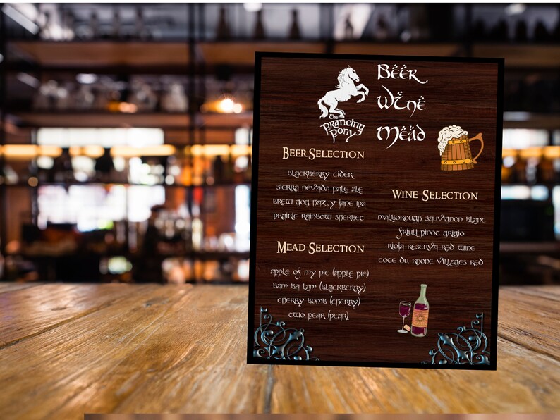 Bar Menu - Lord of the Rings | Wedding Bar Menu | Prancing Pony Menu ...