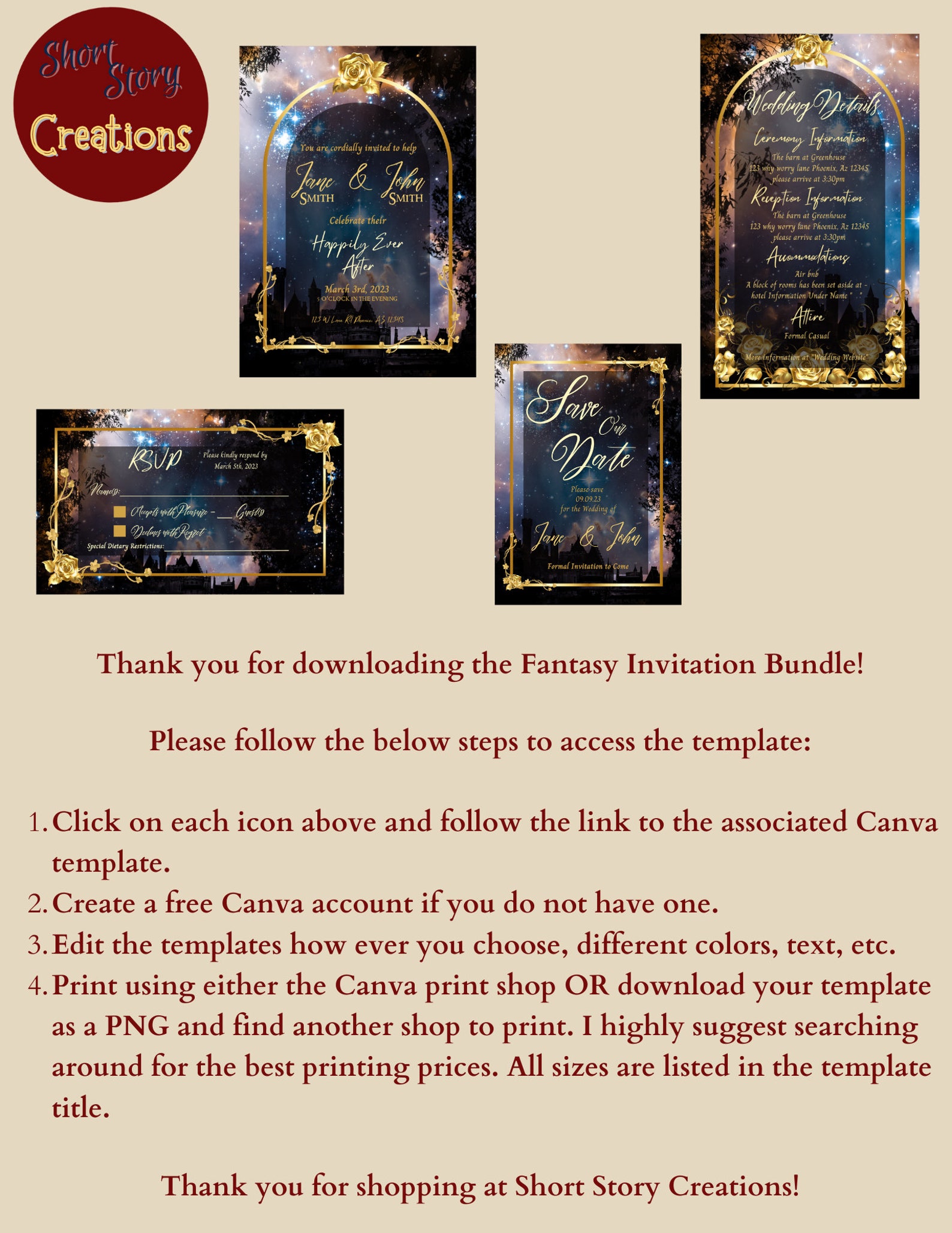 Fantasy Wedding Invitation Bundle, Magical Wedding, Customizable ...