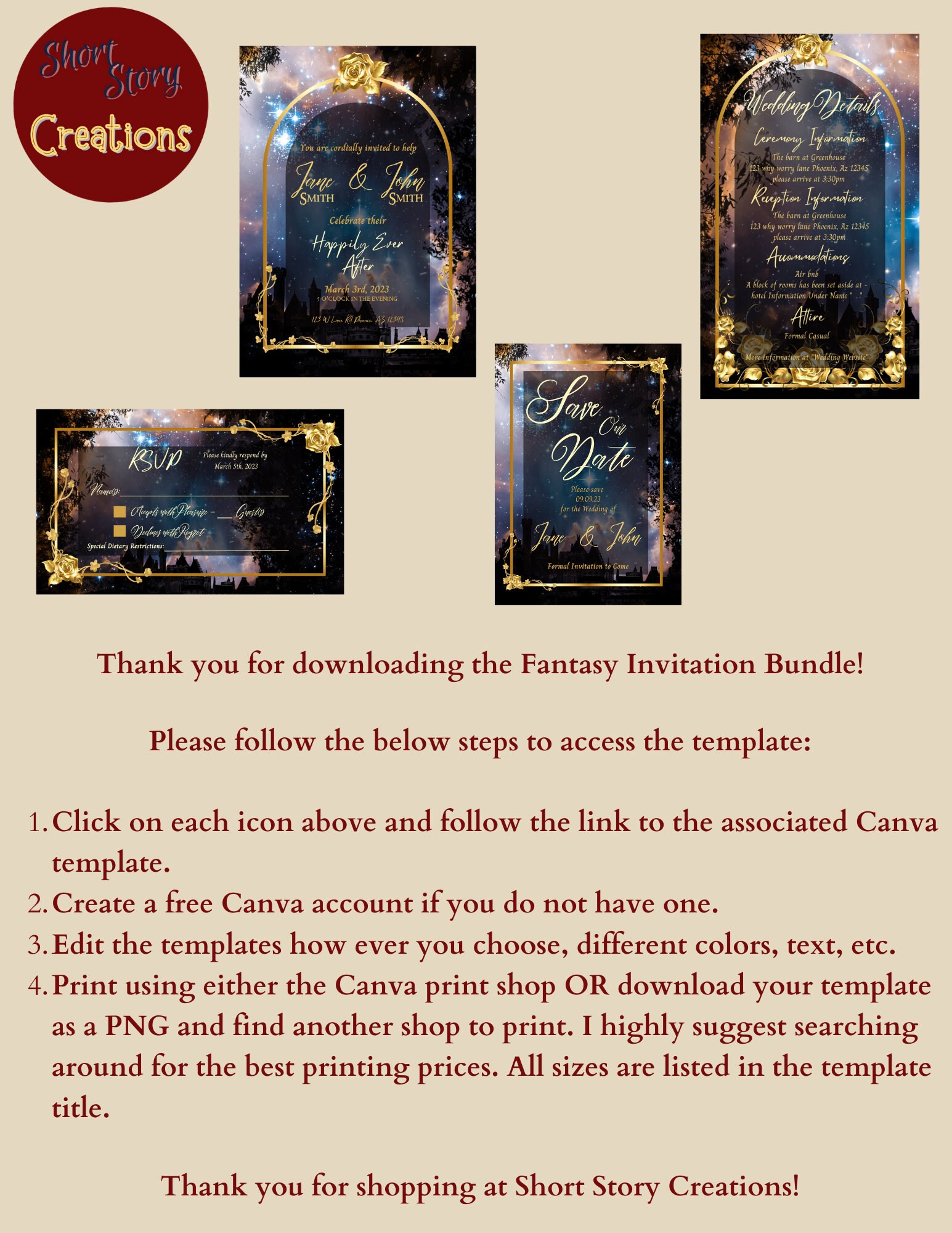 Fantasy Wedding Invitation Bundle, Magical Wedding, Customizable ...