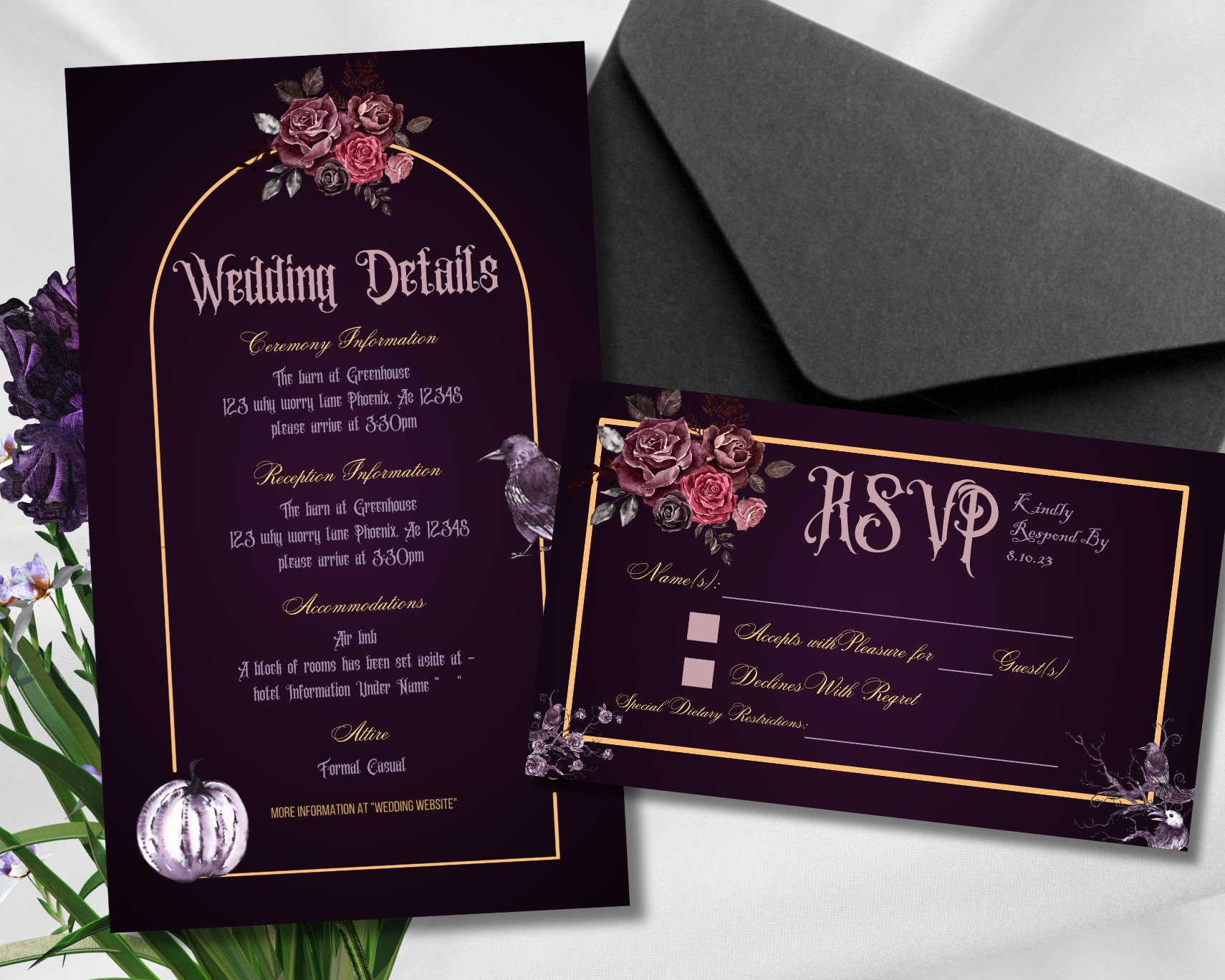 Purple Crow Romantic Halloween Wedding Invitation Till Death Do Us Part ...