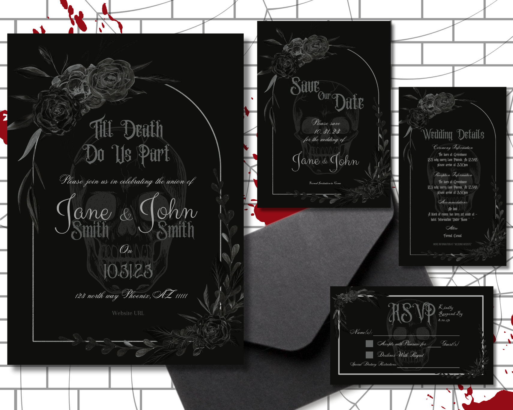 Black Skull Romantic Halloween Wedding Invitation | Till Death Do Us ...