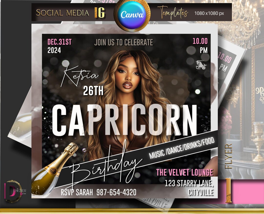 Capricorn Birthday Flyer, Capricorn Party, Elegant Birthday Girl Invite ...