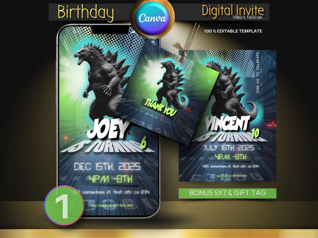 Godzilla Birthday Invite, Kids Dino Evite, 5x7 Printable Template, Gift ...