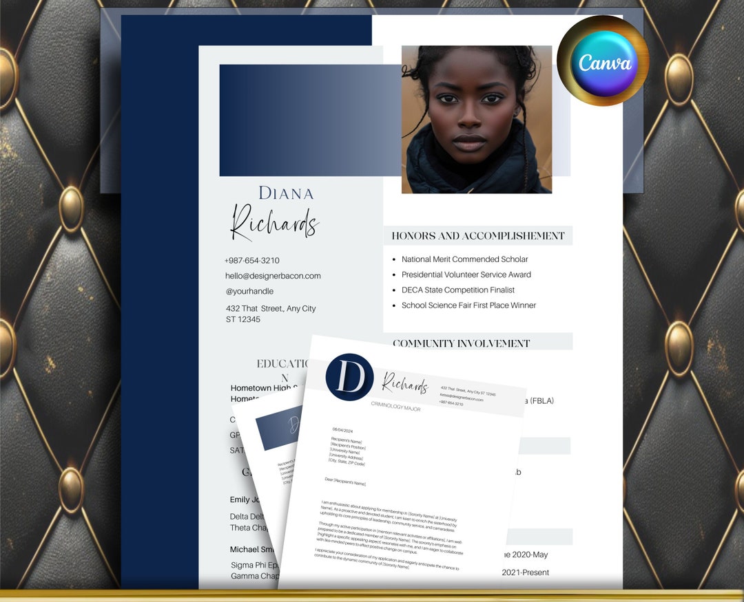 Blue Sorority Resume Template With Photo, Sorority Rush Resume, Digital ...