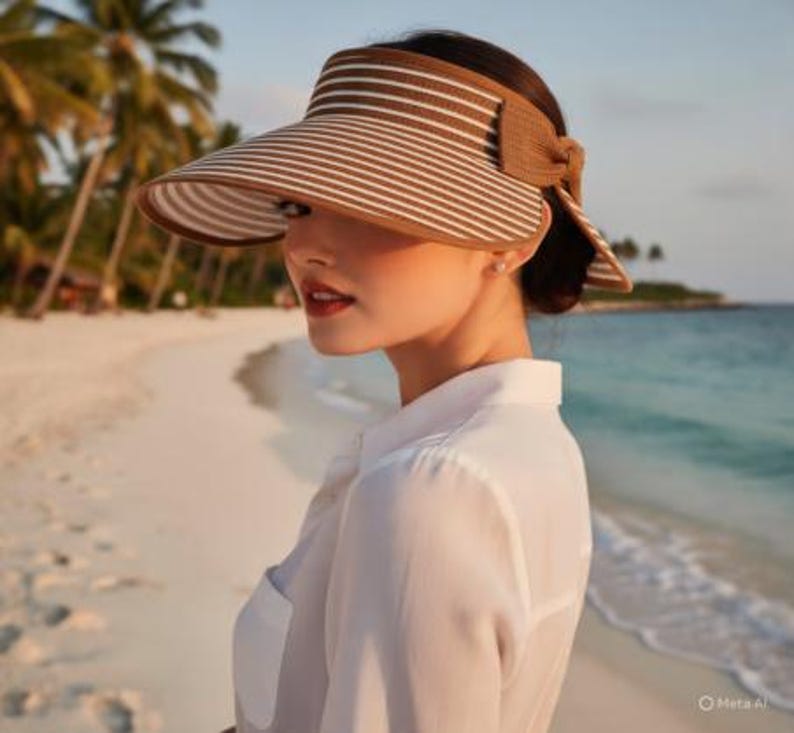 Striped Paper Straw Sun Visor Hat, Wide Brim UV Protection, Packable ...