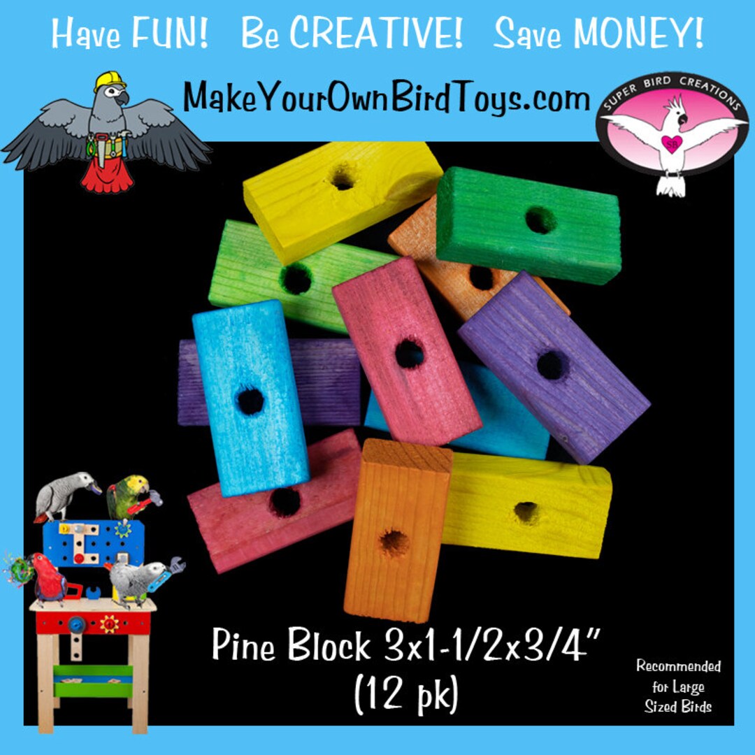 12pk Colored Pine Wood Blocks – Bird & Rabbit Toy Parts (3" X 1-1/2" X ...