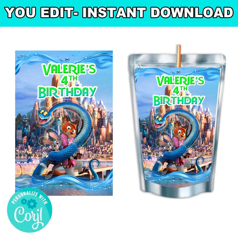 Zootopia Digital Juice Pouch Labels Instant Download Self-editable ...