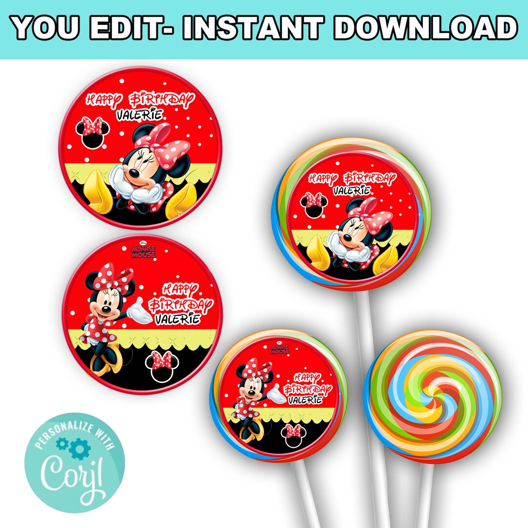 Minnie Mouse Red Round Stickers | Instant Download | Editable With ...