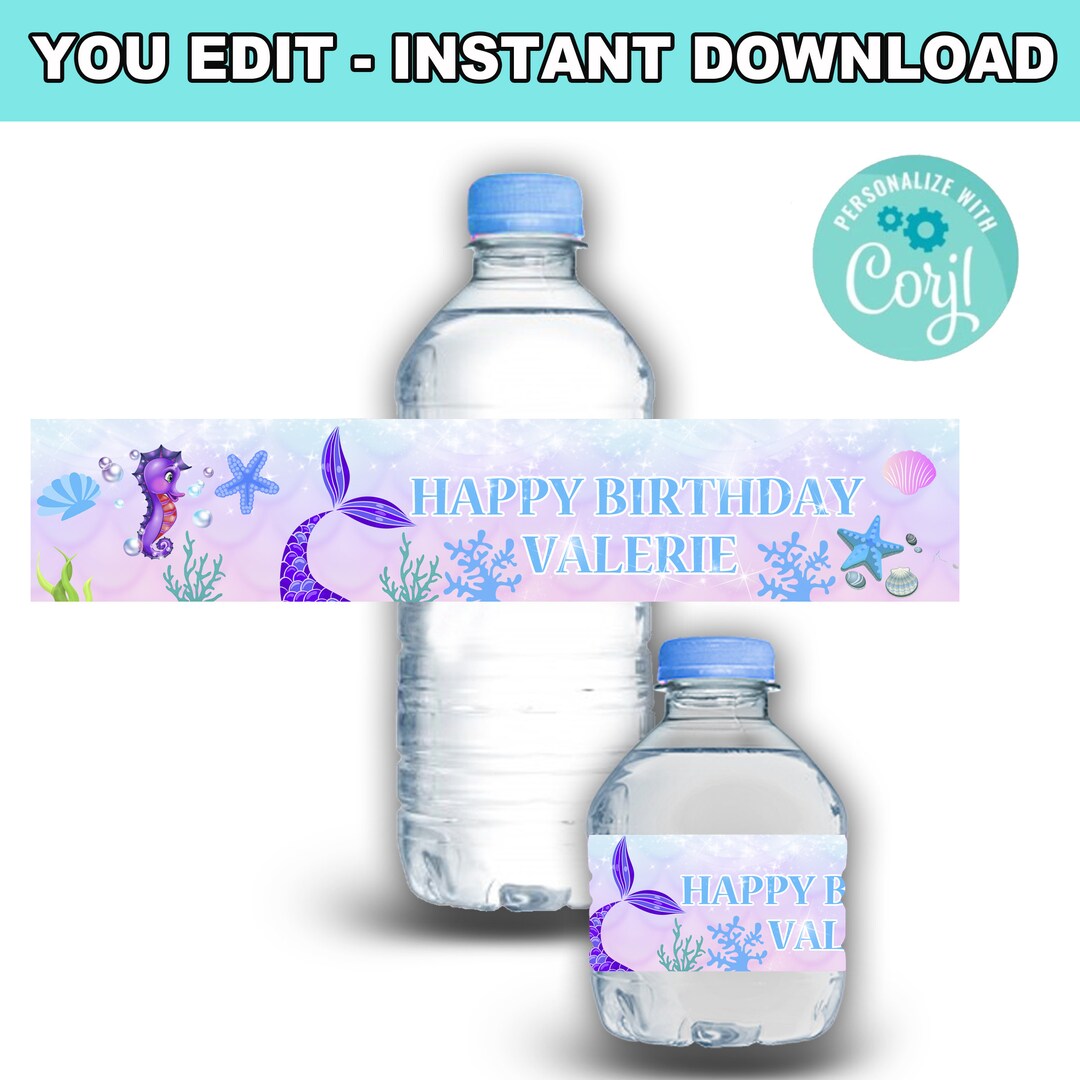 Mermaid Tail Water Bottle Labels | Self-editable Instant Digital ...