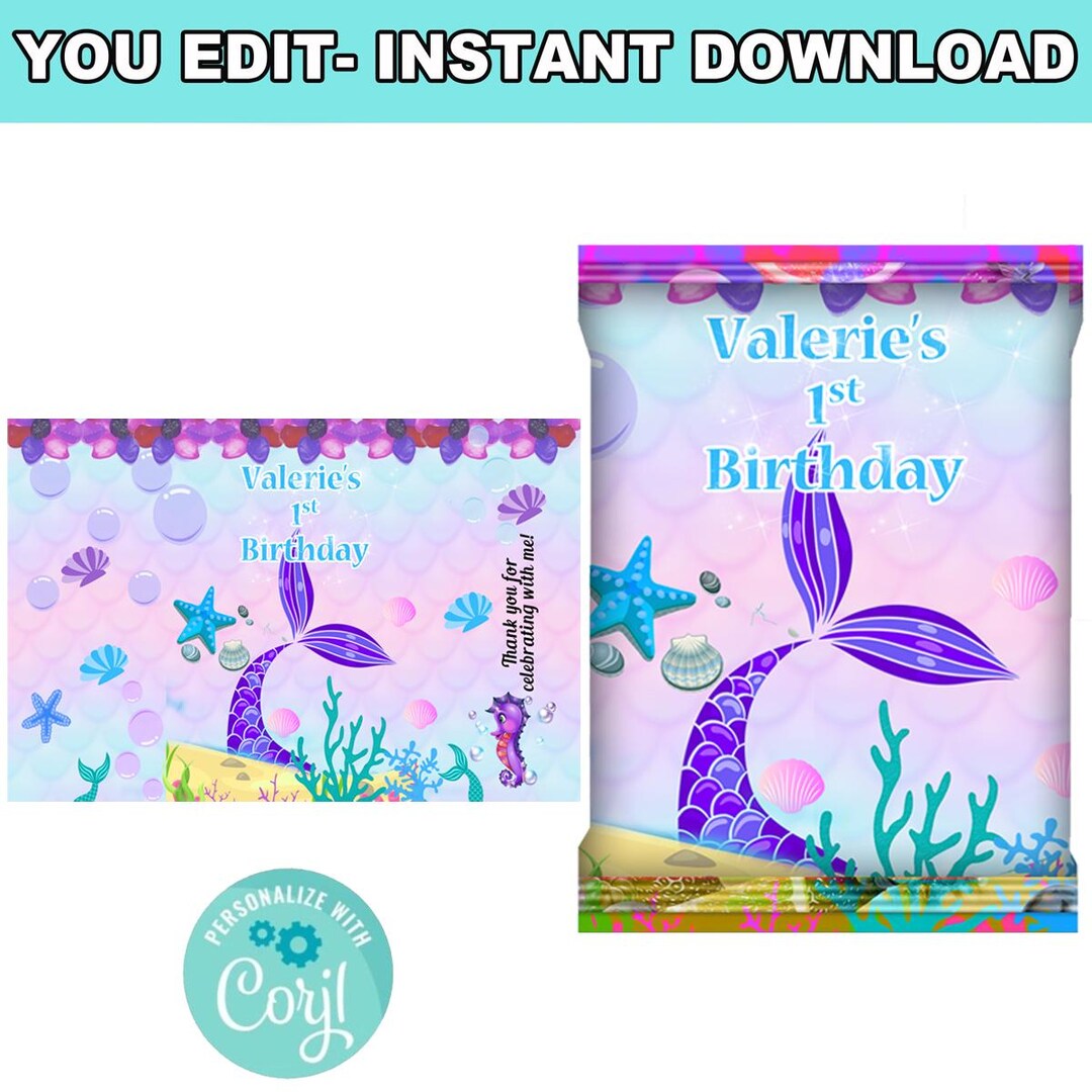 Mermaid Tail Fruit Snack Wrapper Labels Instant Download Self-editable ...