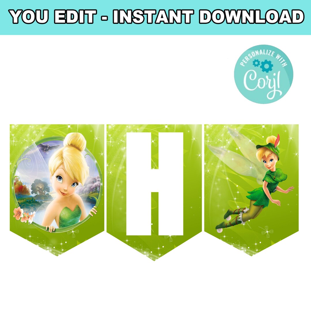 Tinker Bell Birthday Banner | Customizable With Corjl | DIY 5x7in Flags ...
