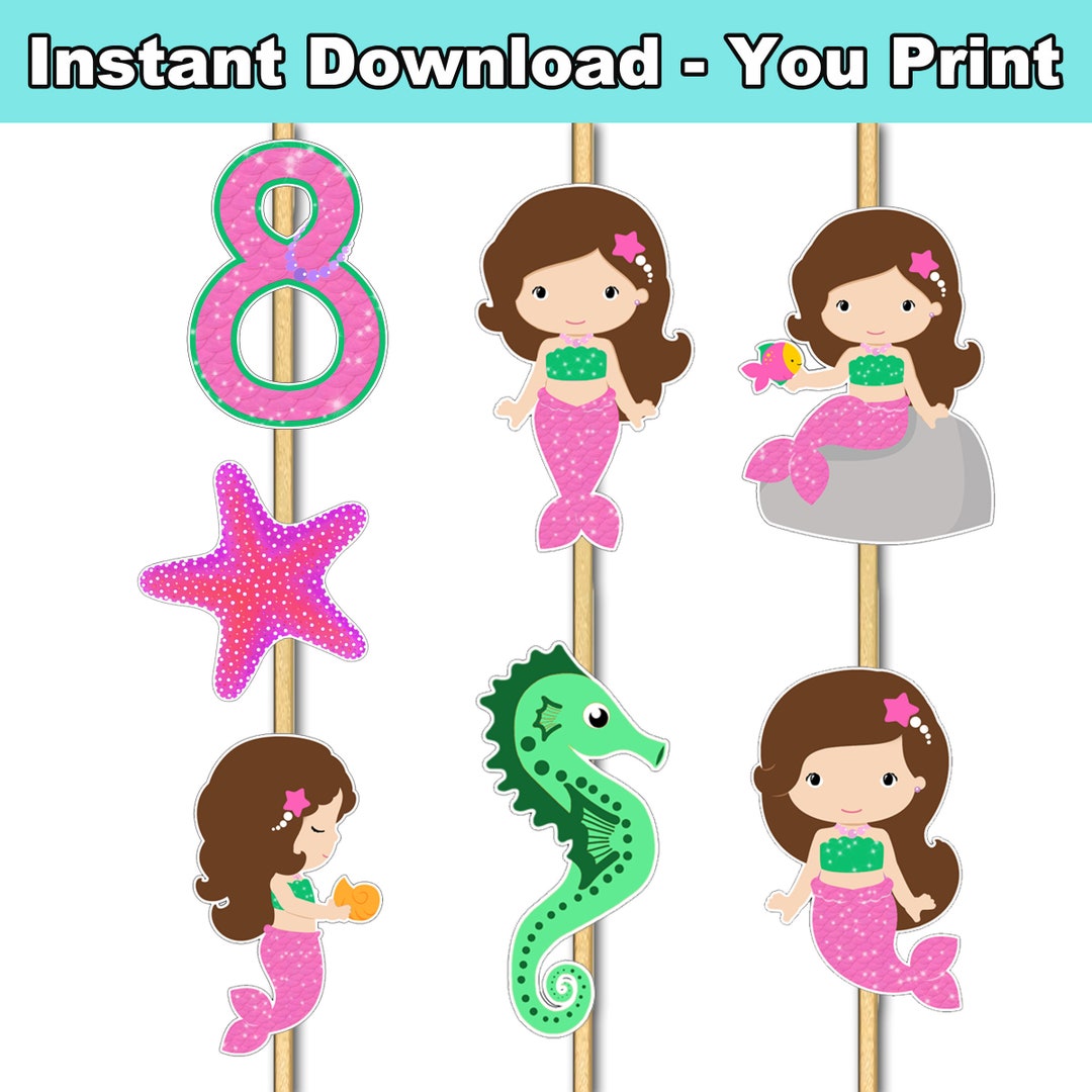 Pink Mermaid Cake Topper Images - Party Decoration - YOU PRINT - Etsy