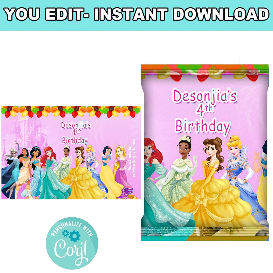 Princesses Fruit Snack Wrapper Labels Instant Download Self-editable ...