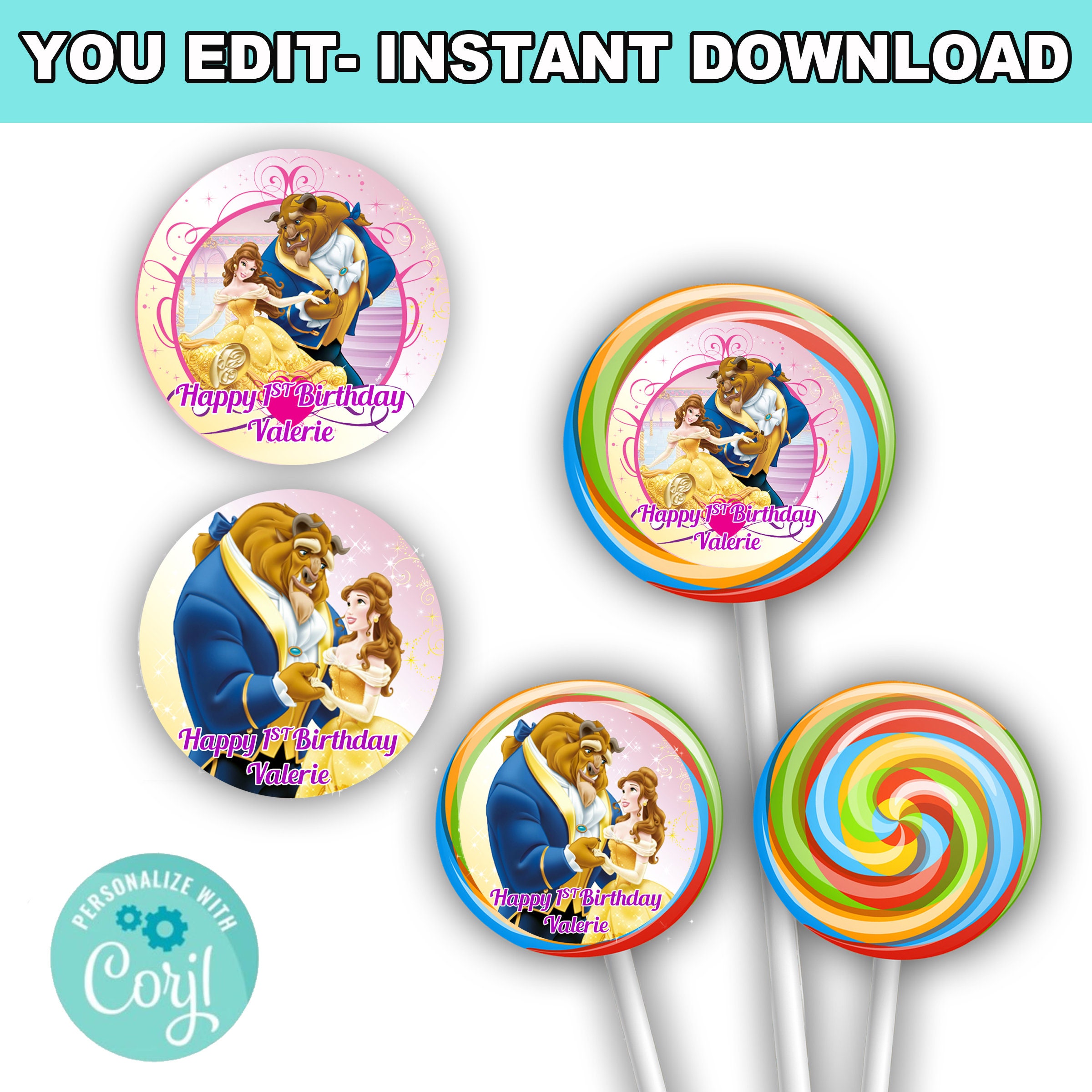 Beauty and the Beast Round Stickers Instant Download - Etsy