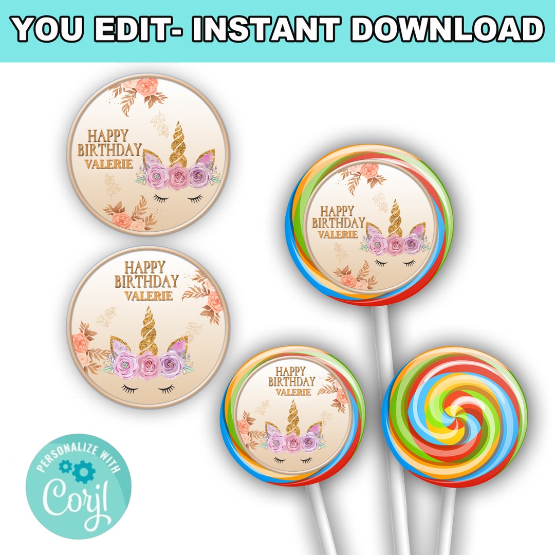 Unicorn Face Round Stickers | Instant Download | Editable With Corjl ...
