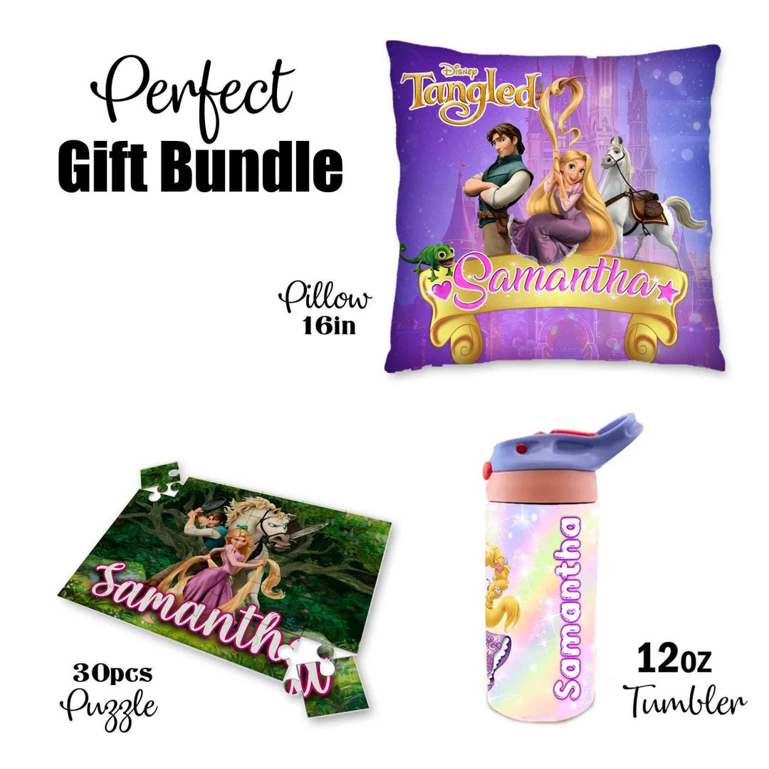 Tangled Gift Bundle for Kids Custom Name Puzzle 16in Pillow and 12oz ...