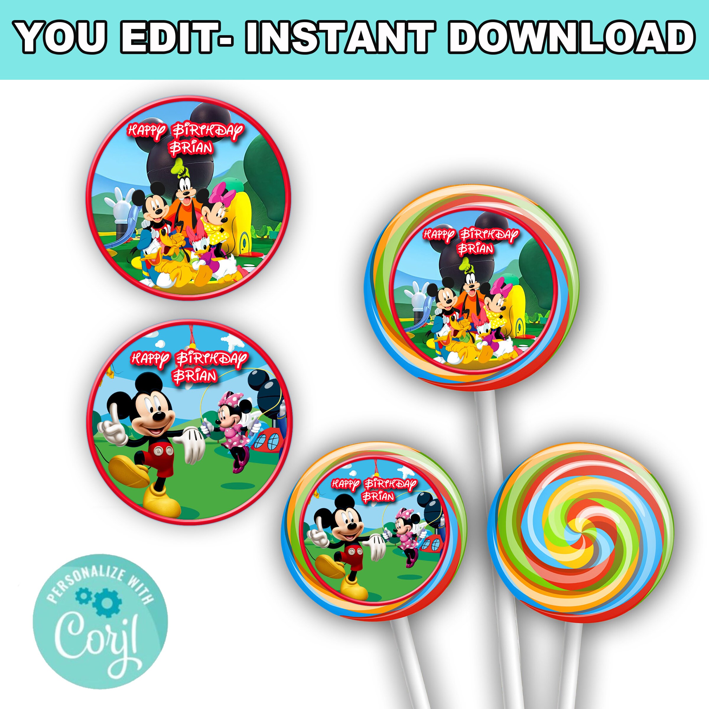 Mickey Mouse Club Round Stickers Instant Download Editable - Etsy