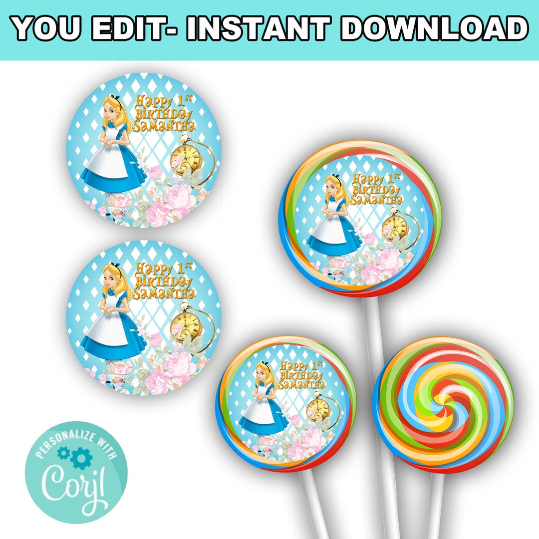 Alice in Wonderland Round Stickers | Instant Download | Editable With ...